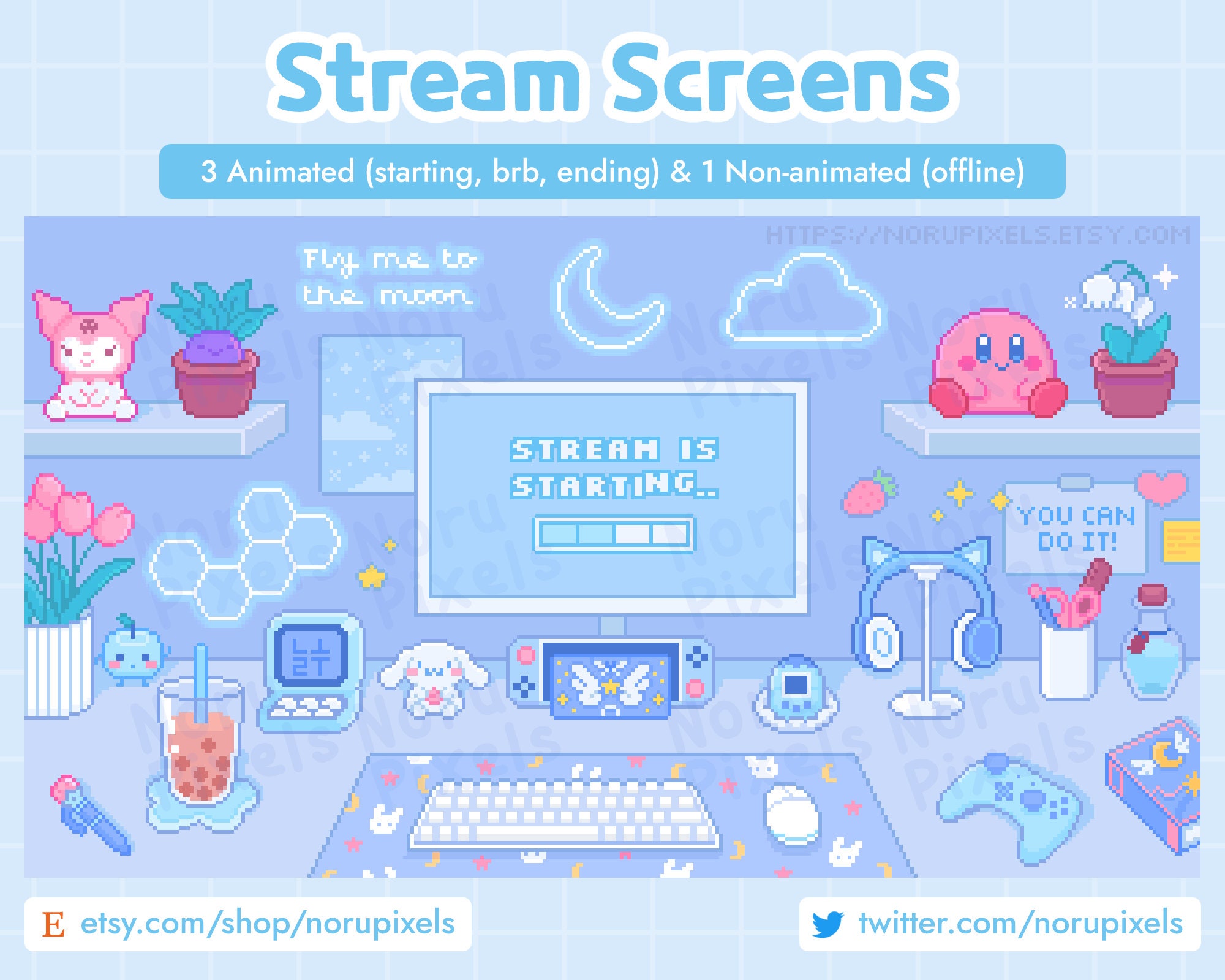 Animated Stream Screens Kawaii Blue Gamer Desk | Aesthetic Cute Twitch ...