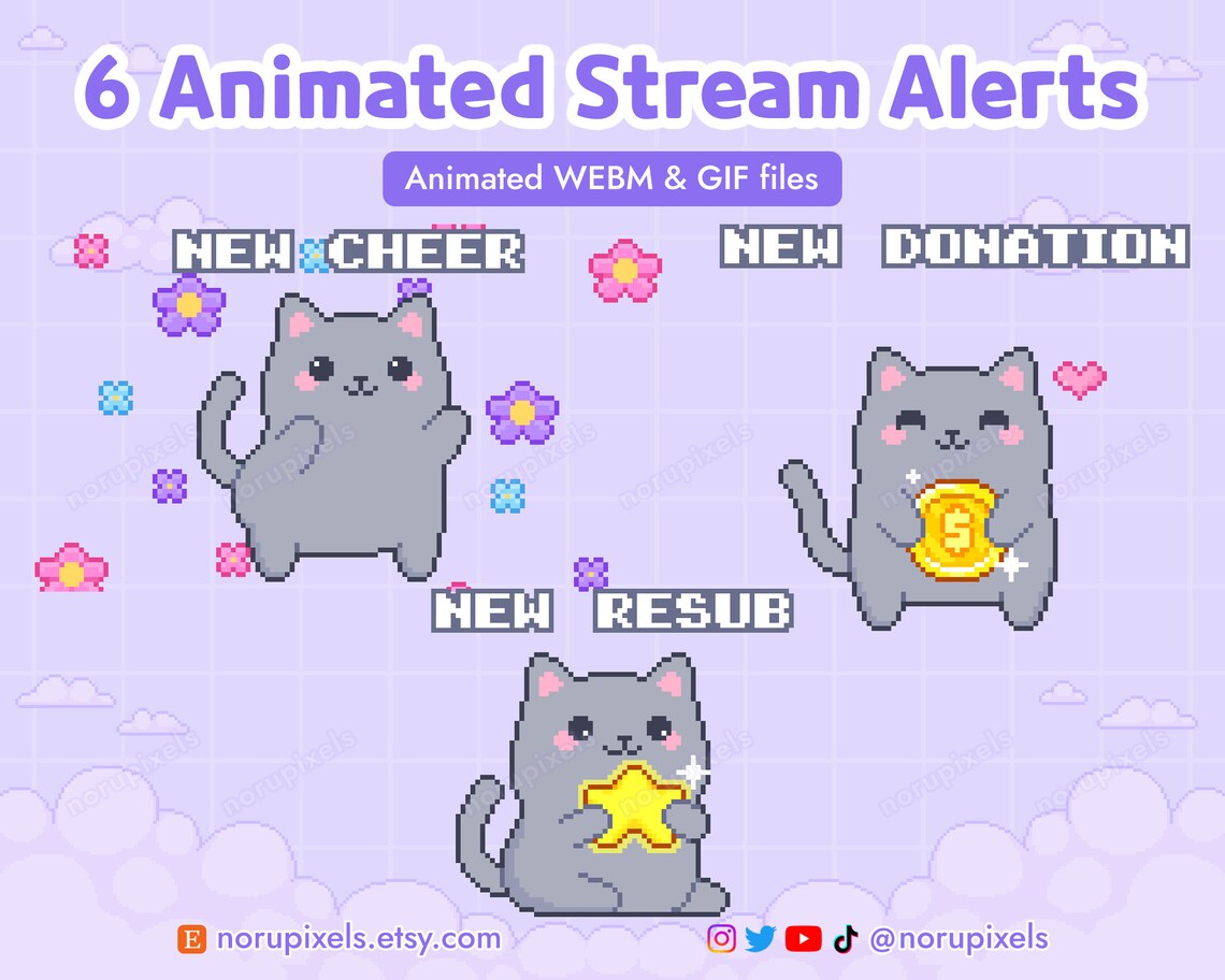 Animated Grey Cat Twitch Stream Alerts Pack Cat Raid Stream Alert Pixel ...