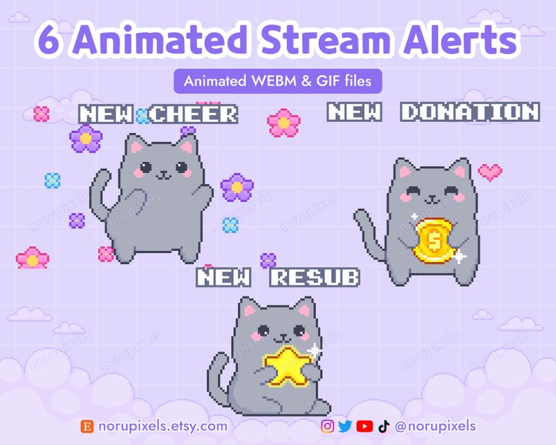 Animated Grey Cat Twitch Stream Alerts Pack Cat Raid Stream Alert Pixel ...