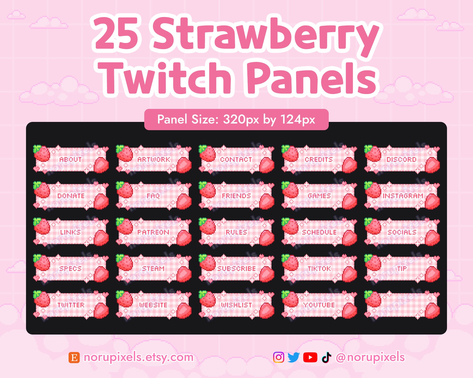 Strawberry Twitch Stream Panels Kawaii Pink Stream Panels 8 Bit Pixel ...