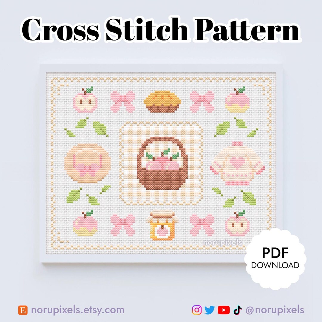 Peach Basket Picnic Cross Stitch Pattern PDF | ACNH Cottagecore Sampler ...