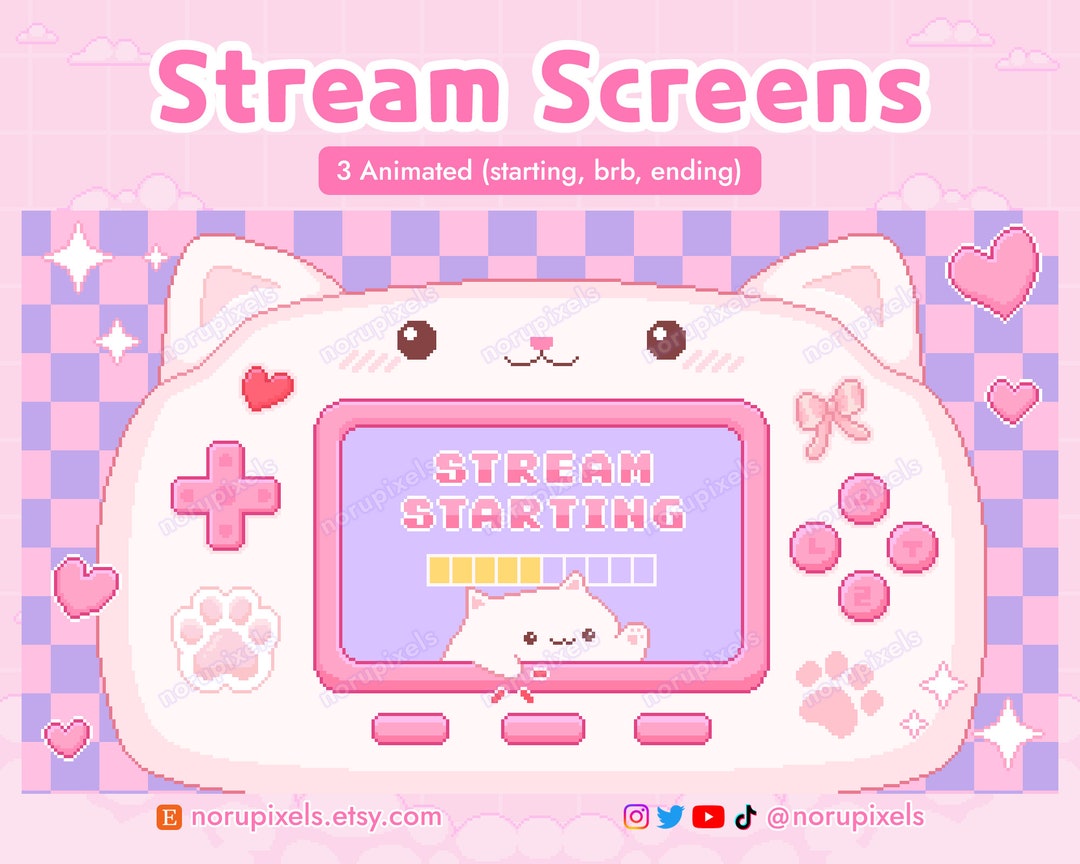 Pixel Cat Gamer Stream Screens | Kawaii White Cat Animated Stream ...