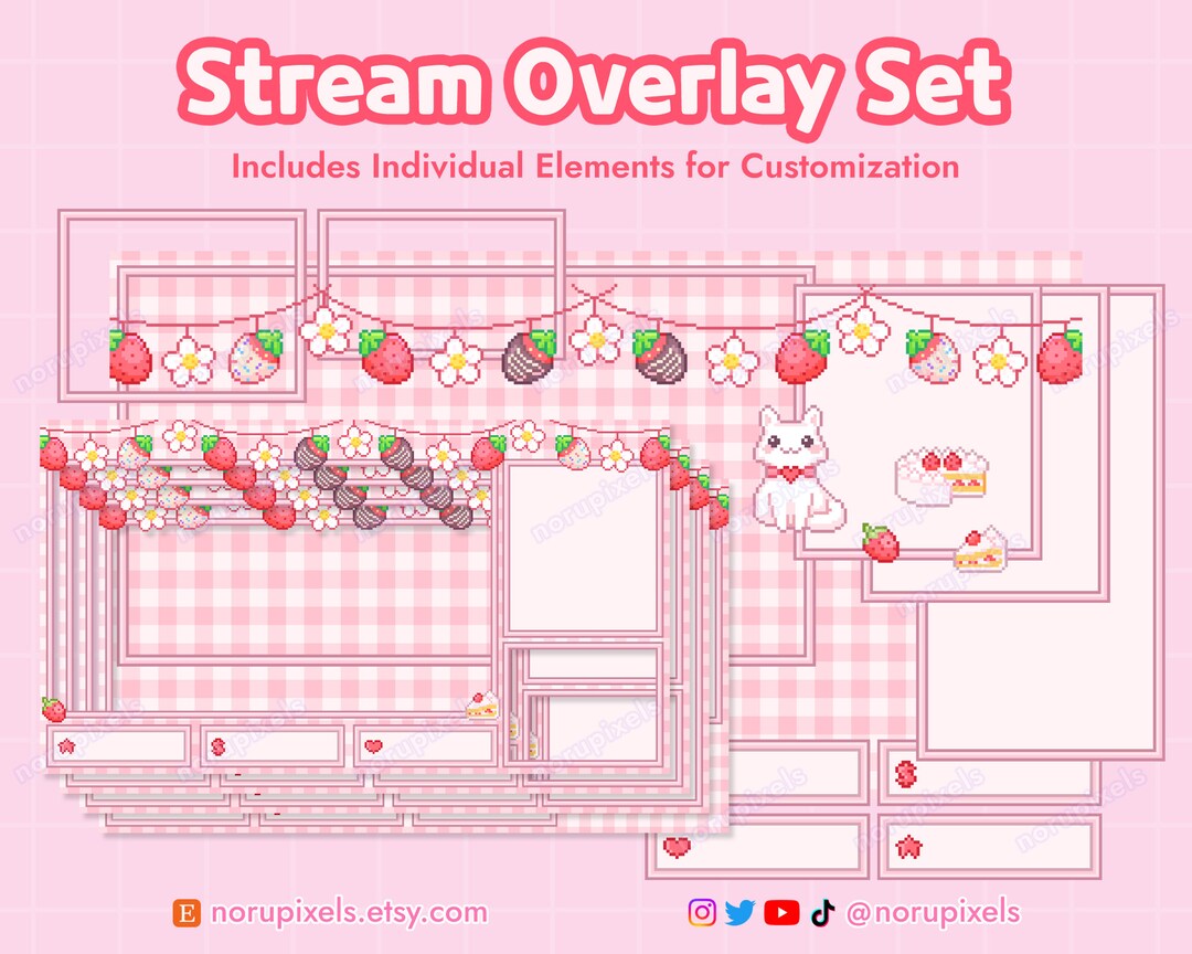 Strawberry Cottagecore Twitch Stream Overlay Set Pink Cottagecore Webcam Borders Customizable ...