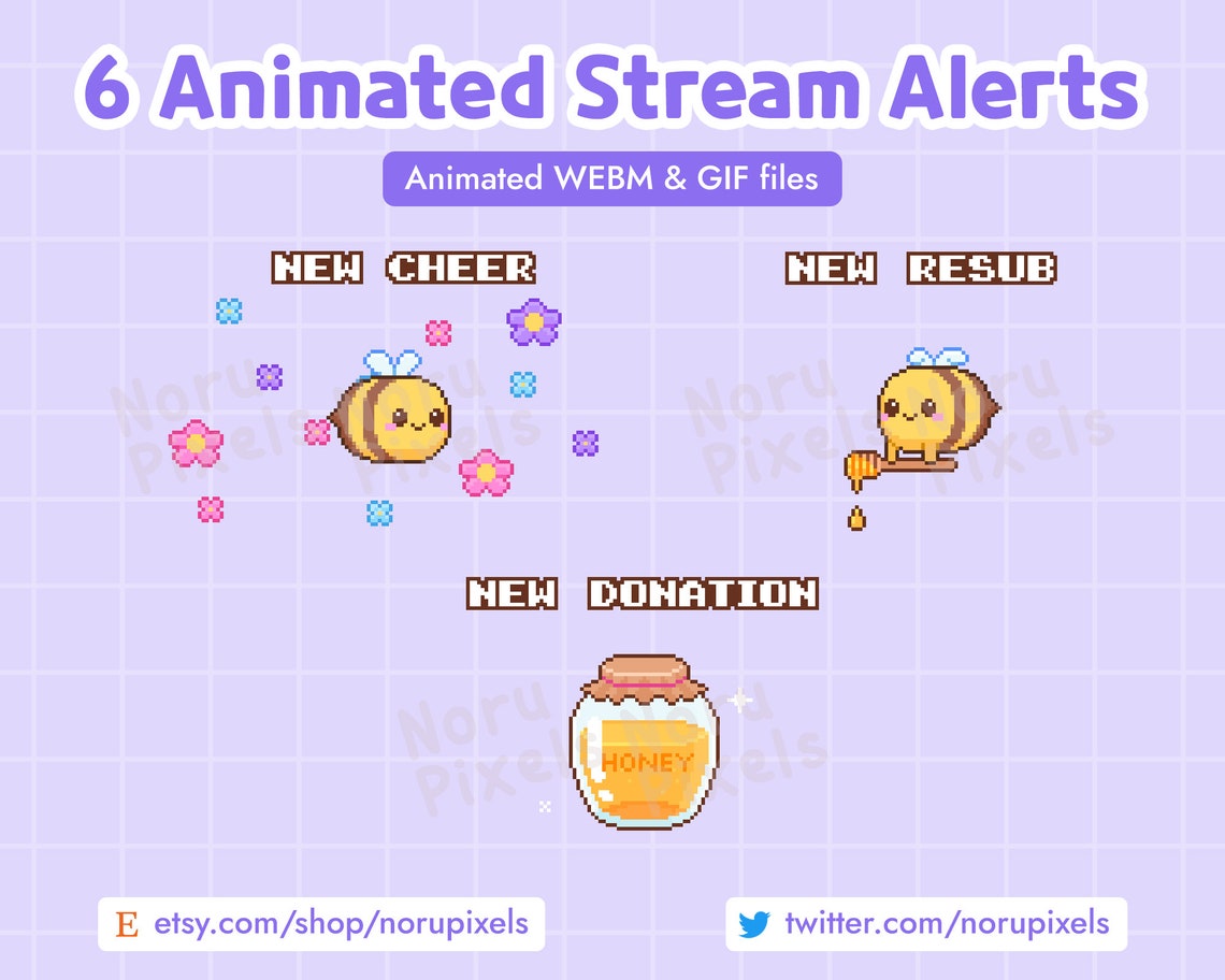 6 Animated Bee Twitch Stream Alerts Pack Cute Pixel Bee Raid Stream ...