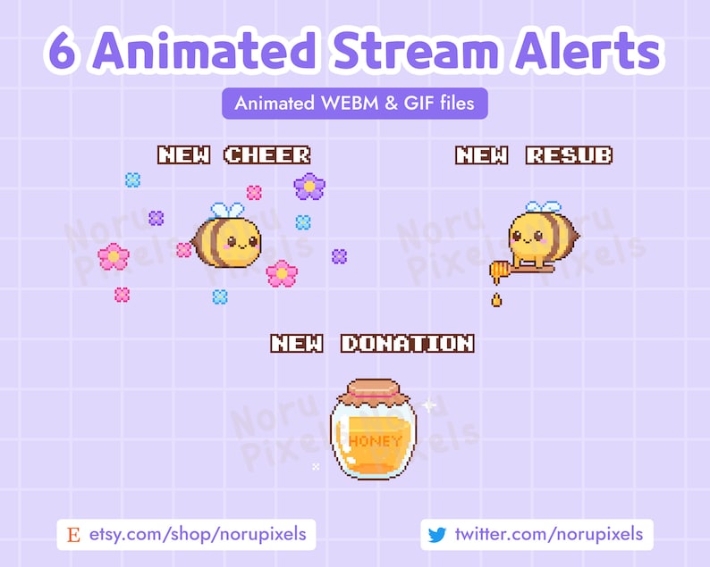 6 Animated Bee Twitch Stream Alerts Pack Cute Pixel Bee Raid Stream ...