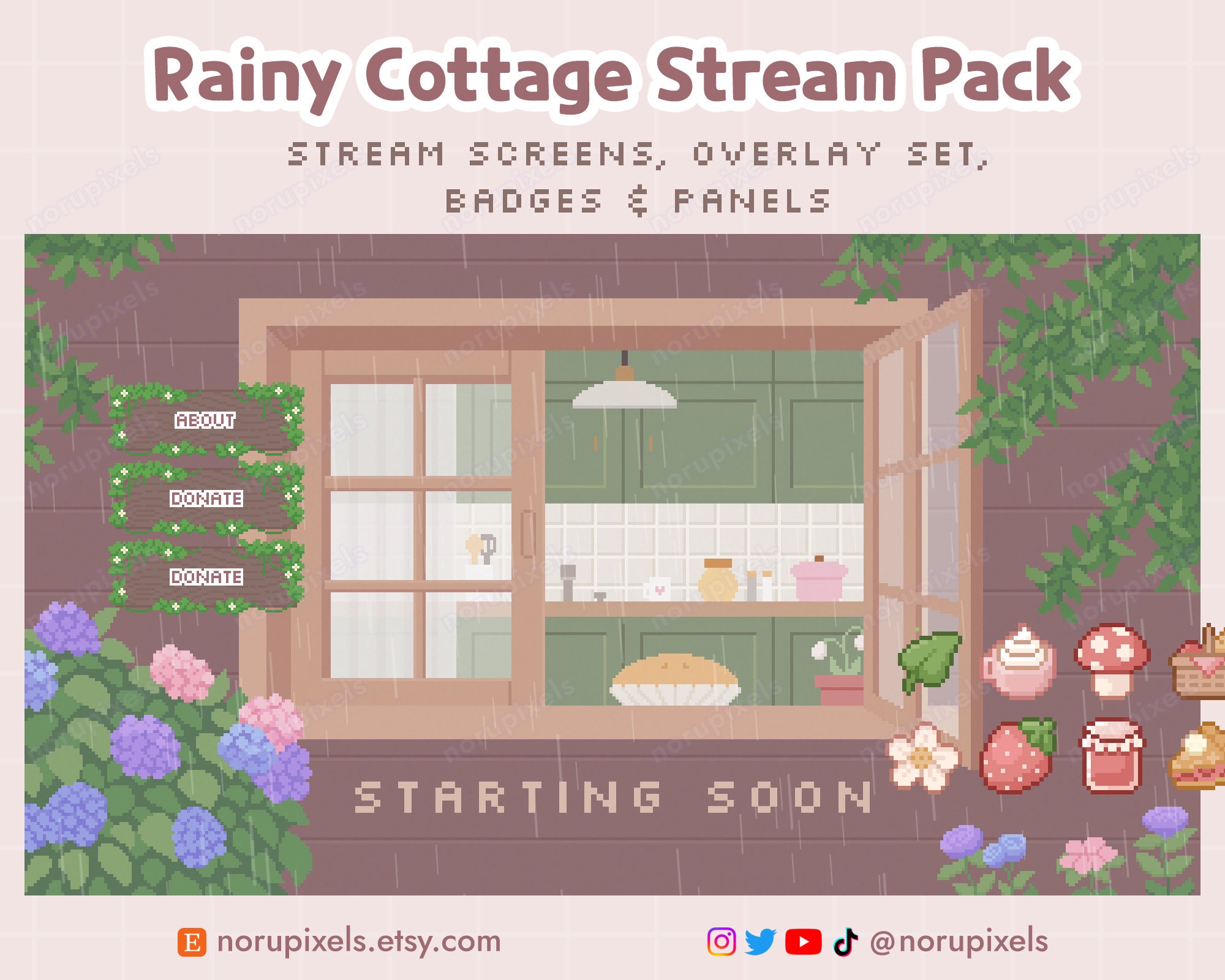 Raining Cozy Cottage Twitch Stream Overlay Package Wooden Cottagecore ...