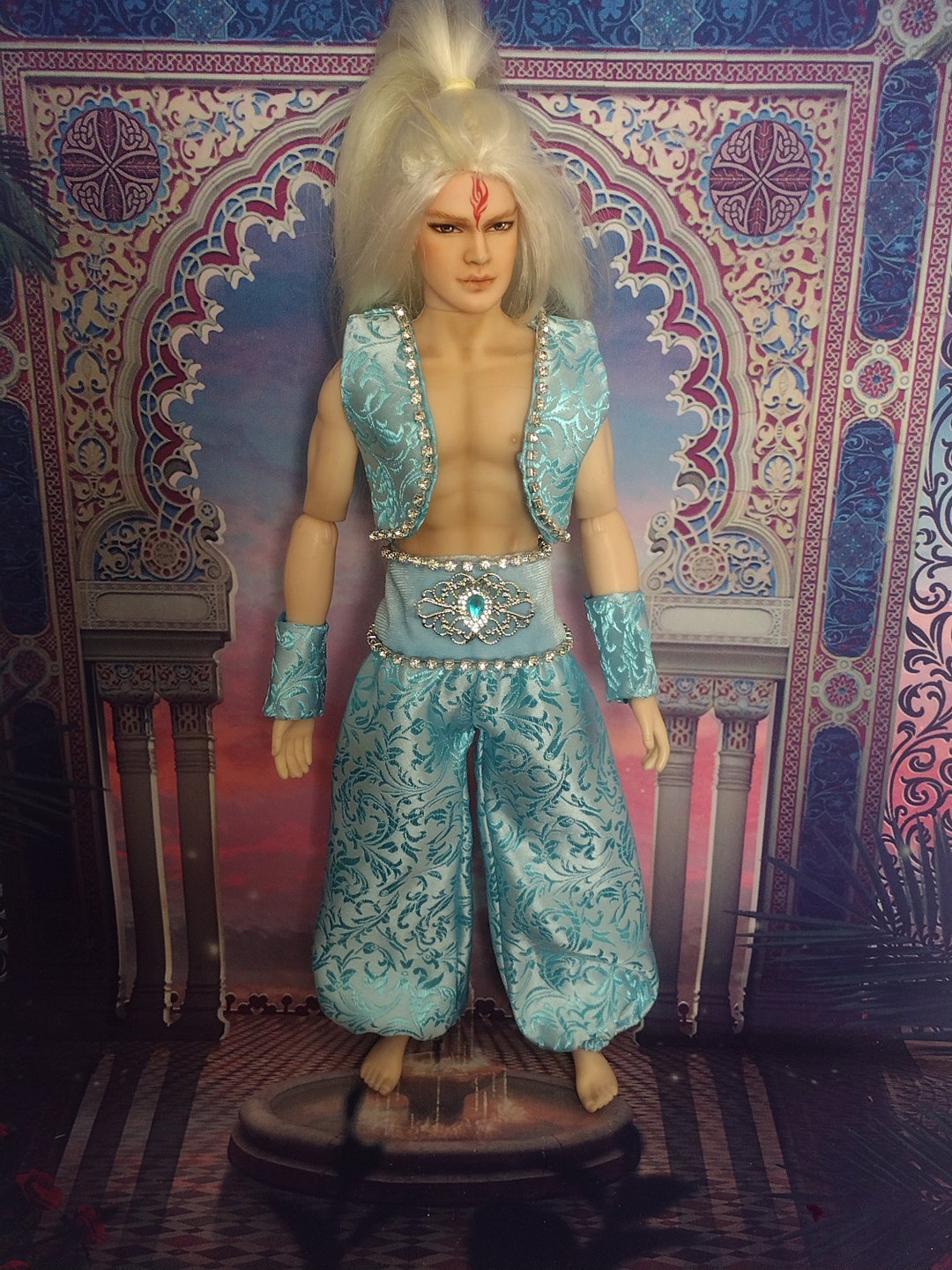 12 Male Fashion Doll Arabian Prince Outfit Light Blue and Aqua Brocade ...