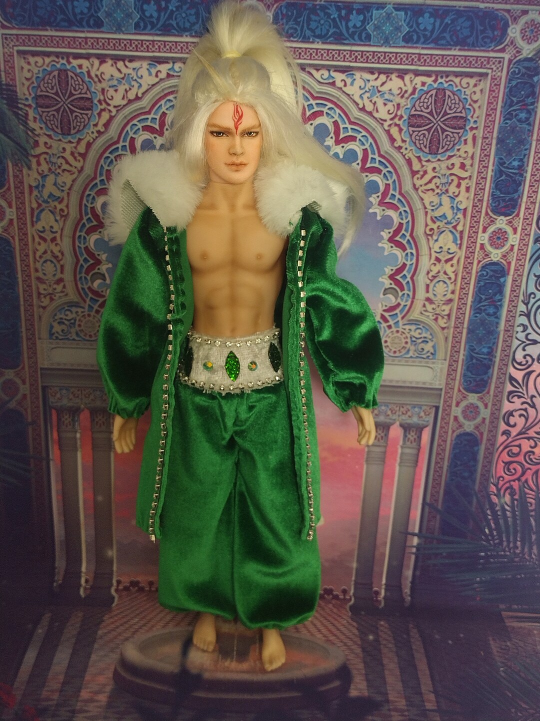 12 Male Fashion Doll Arabian Prince Outfit Green Velvet and White Fake ...