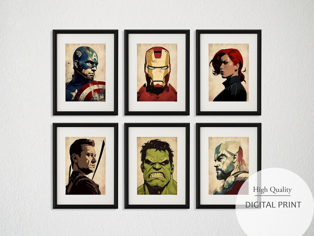 6 Superhero Illustrations Vintage Hero Posters Set Superhero Vintage ...
