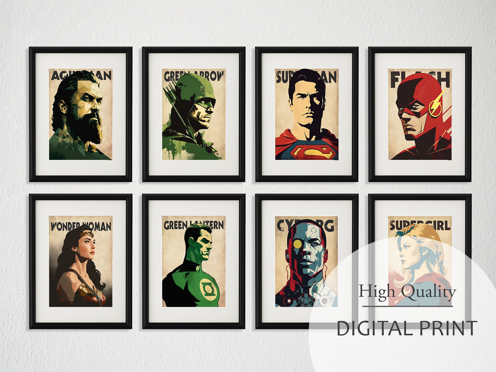 24 DC Superhero Illustrations Vintage Hero Posters Set, Superhero ...