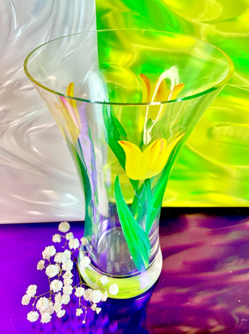 Hand-painted Yellow Tulip Glass Trumpet Vase - Etsy