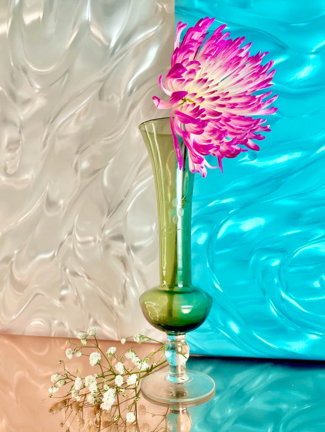 Etched Green Glass Bud Vase Etsy