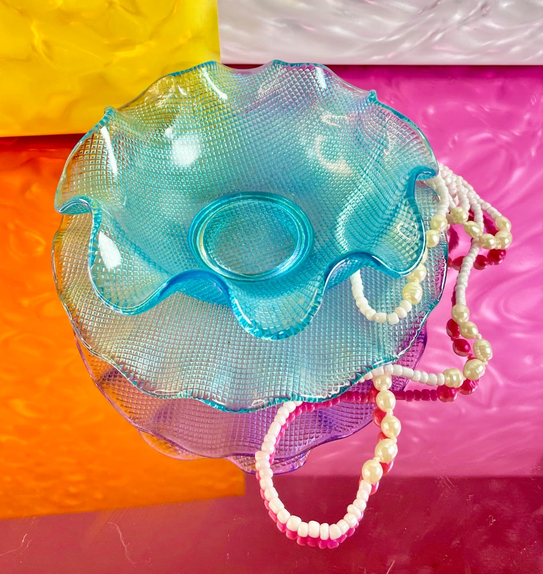 Cerulean Colony Waffle Glass Ruffle Dish & Saucer - Etsy
