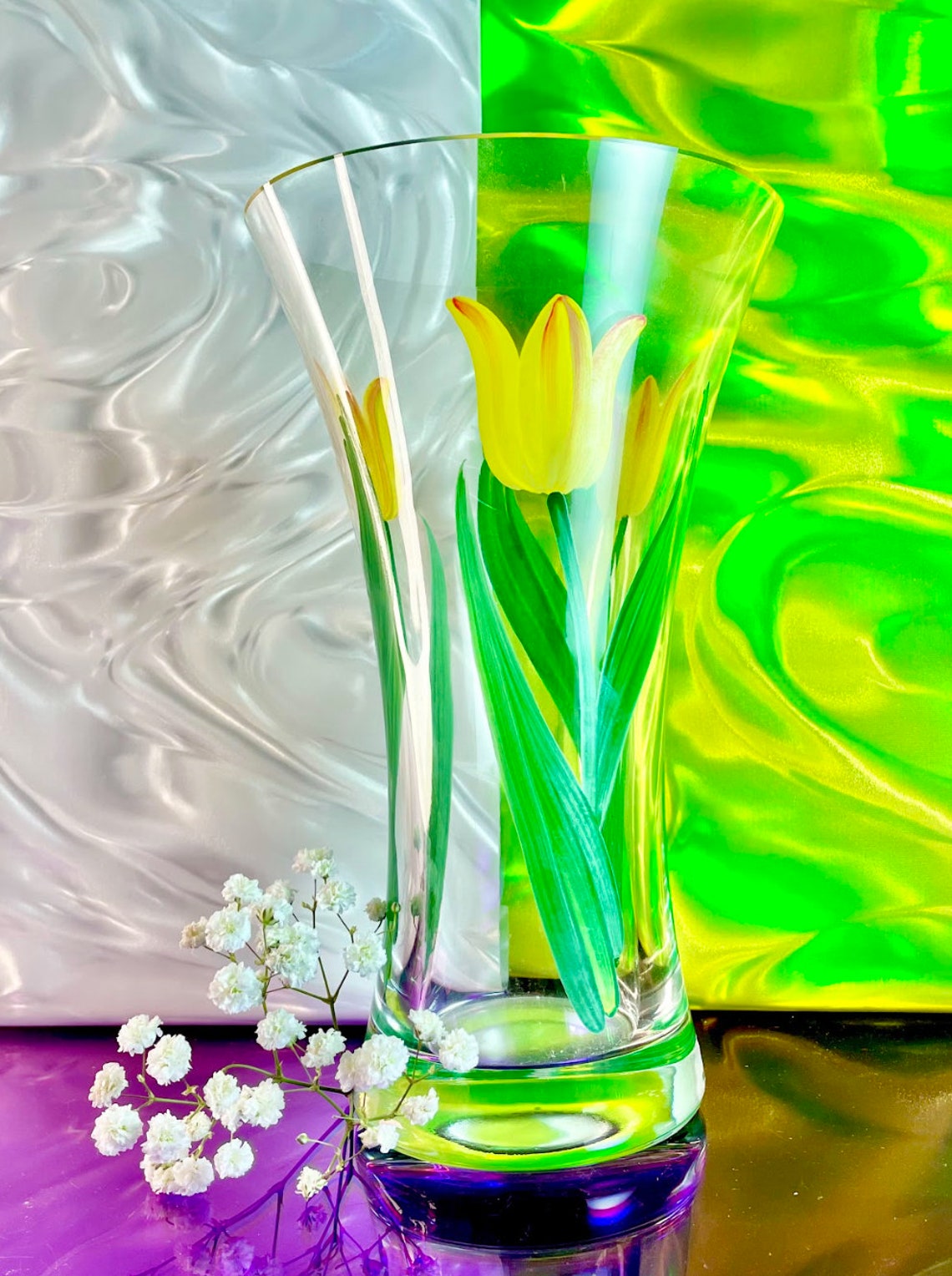 Hand-painted Yellow Tulip Glass Trumpet Vase - Etsy