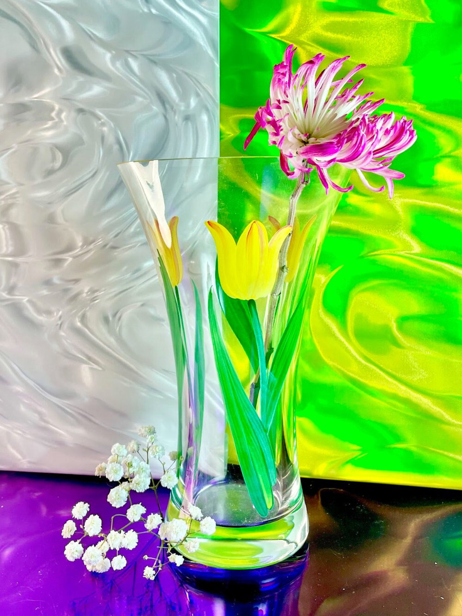Hand-painted Yellow Tulip Glass Trumpet Vase - Etsy