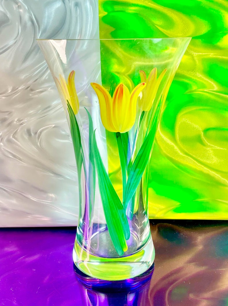 Hand-painted Yellow Tulip Glass Trumpet Vase - Etsy