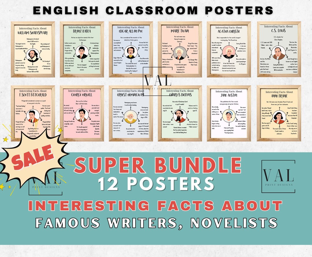 Literature Wall Art Famous Writers Set of 12 Prints | Boho English ...