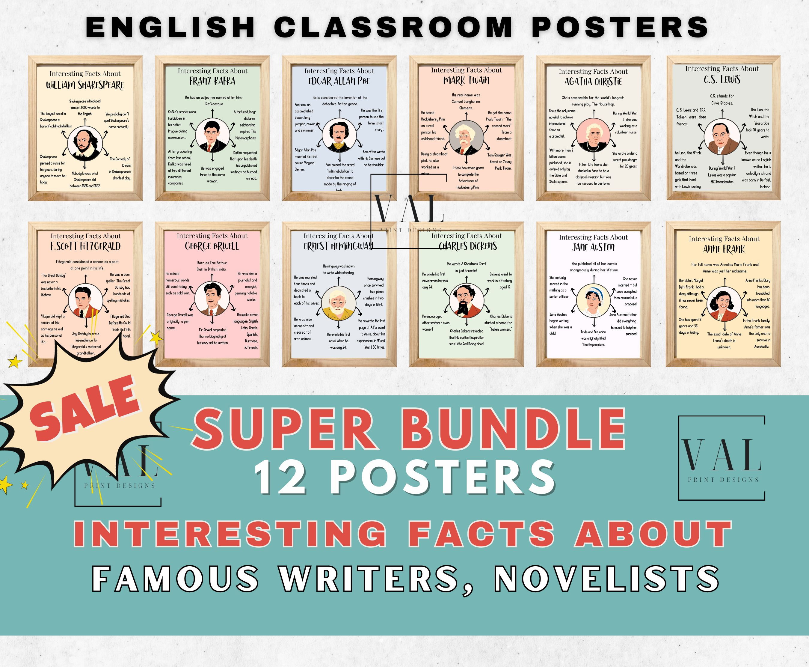 Literature Wall Art Famous Writers Set of 12 Prints Boho English ...