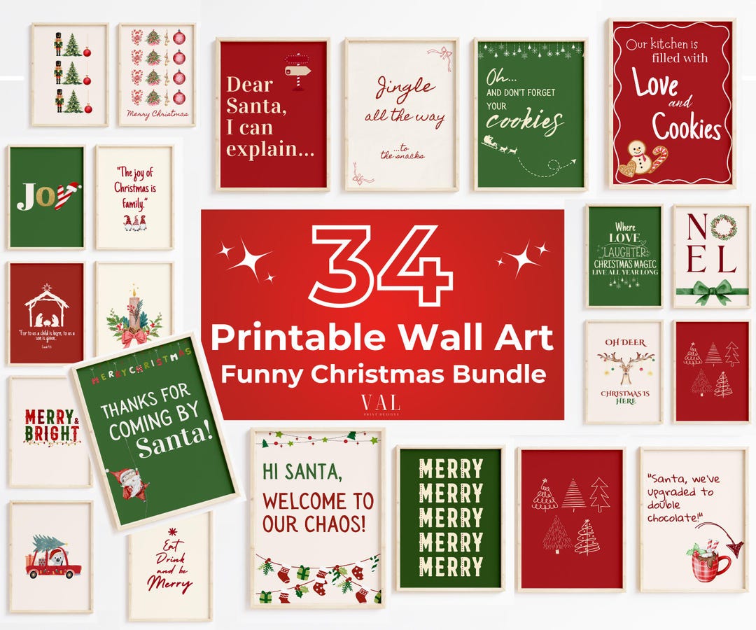 Funny Christmas Digital Poster Set | Santa & Reindeer Printable Wall ...