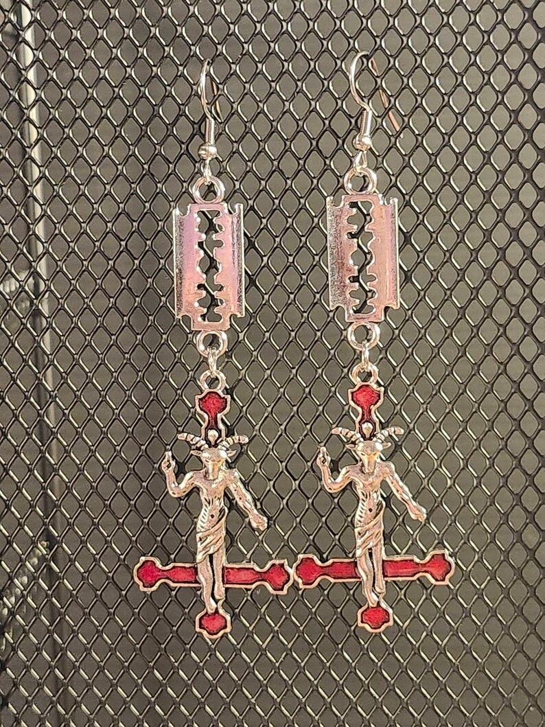 Silver & Red Baphomet Inverted Cross Earrings With Razor Blade ...
