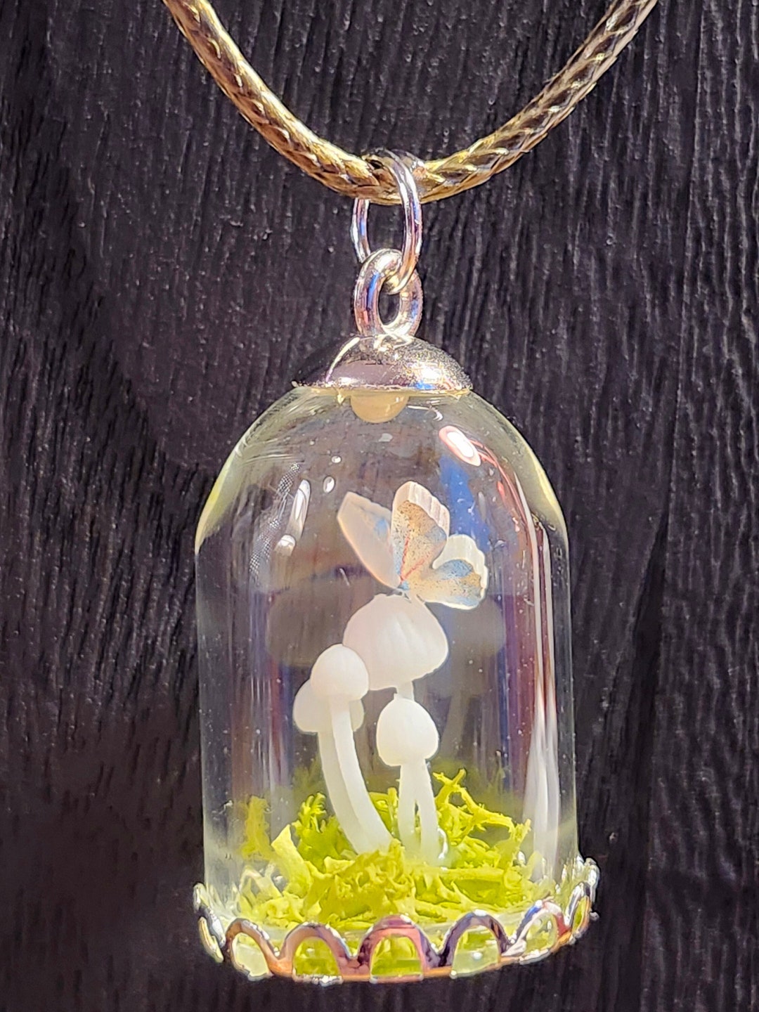 Miniature Glass Domed Mushroom Specimen With Blue Butterfly on Dark ...
