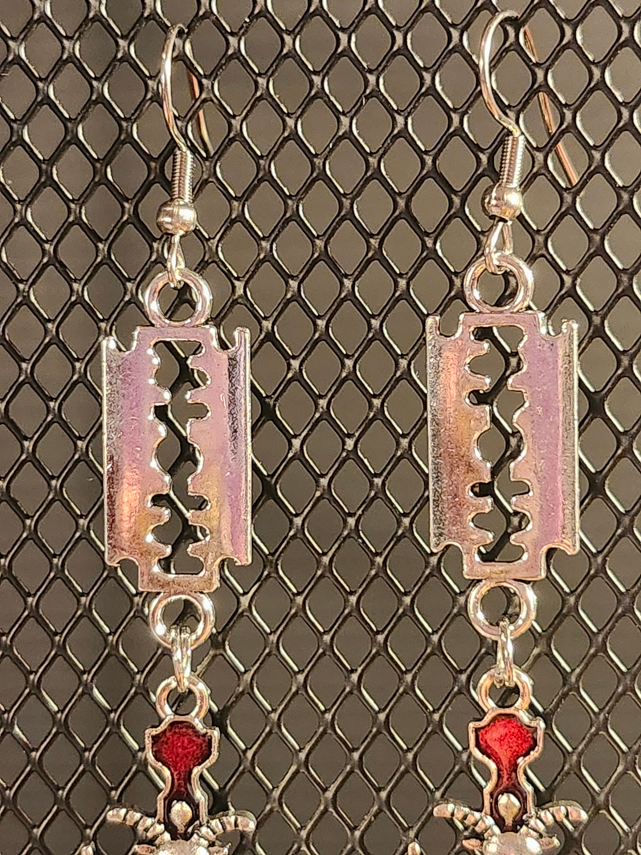 Silver & Red Baphomet Inverted Cross Earrings With Razor Blade ...