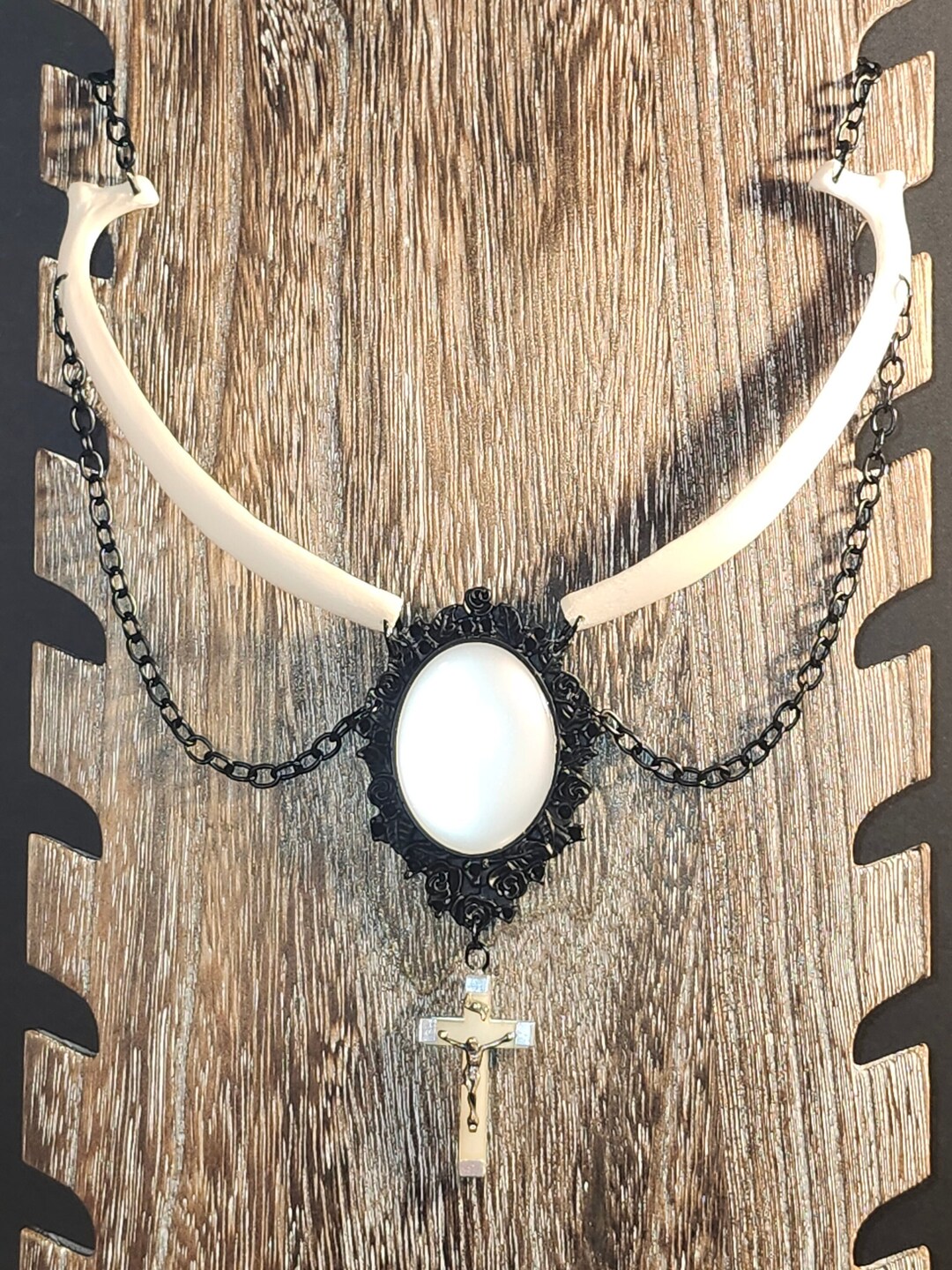 Black and White Coyote Rib Rosary Style Two Tiered Necklace With Cameo ...