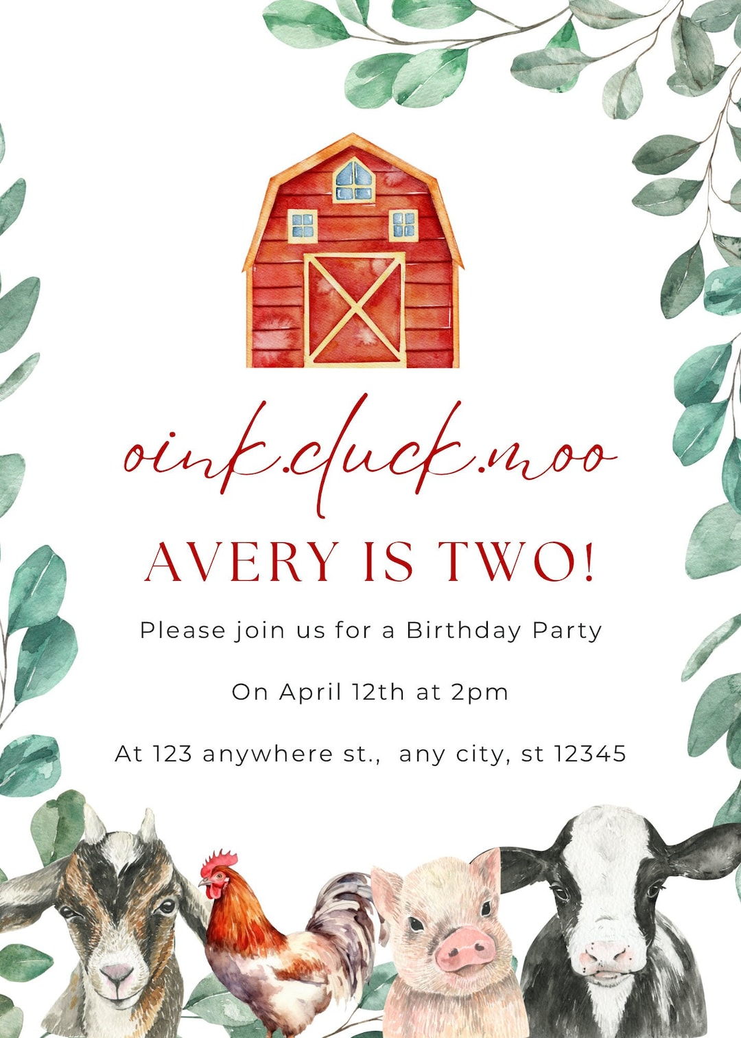 Oink Cluck Moo Editable Birthday Invite Template - Etsy
