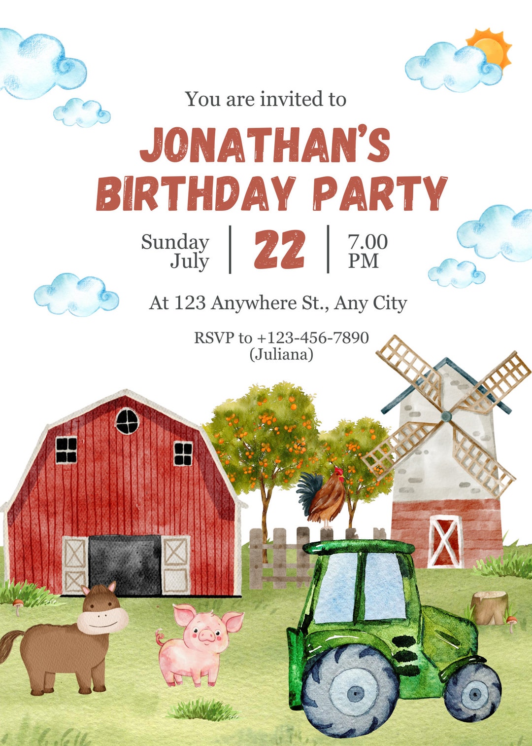Editable Template Water Color Farm Birthday Invitation - Etsy