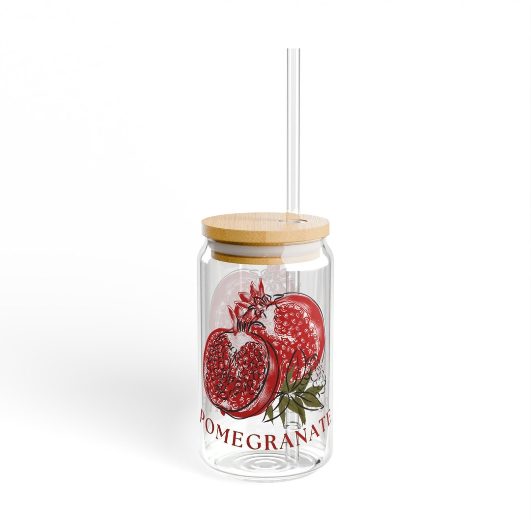 Pomegranate Fruit Glass Tumbler Bamboo Lid Straw Boho Art Iced Coffee ...