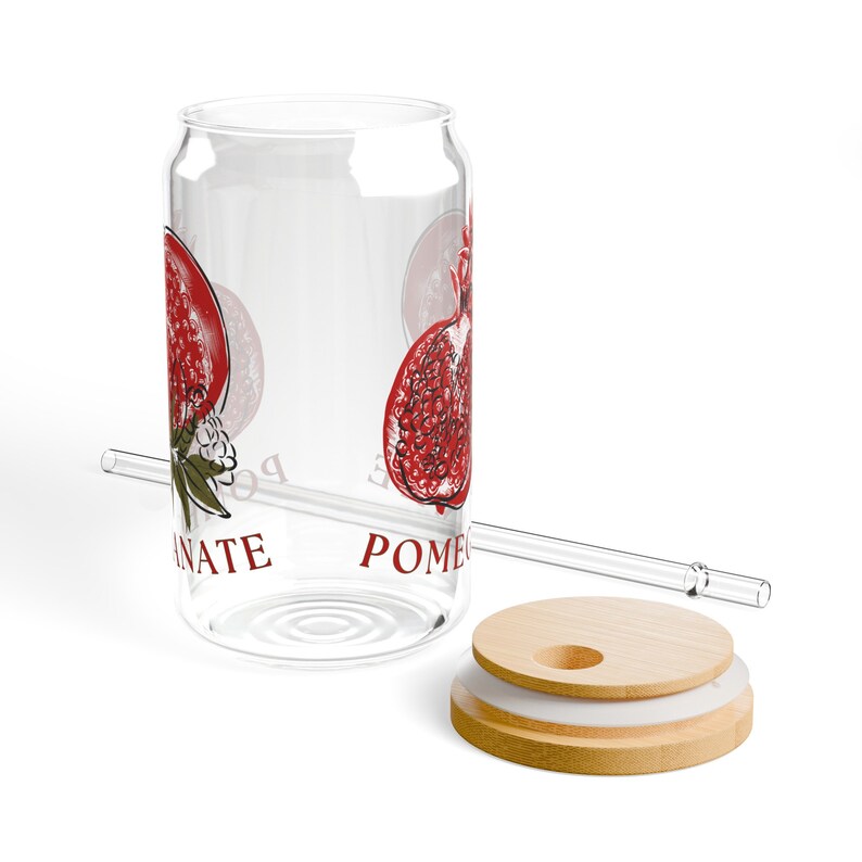 Pomegranate Fruit Glass Tumbler Bamboo Lid Straw Boho Art Iced Coffee ...