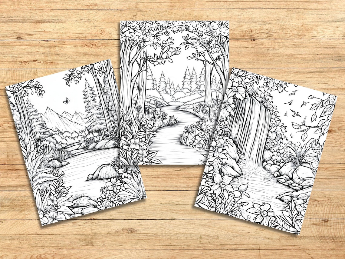 15 Nature Coloring Pages - Printable Scenic Coloring Pages - Relaxing ...
