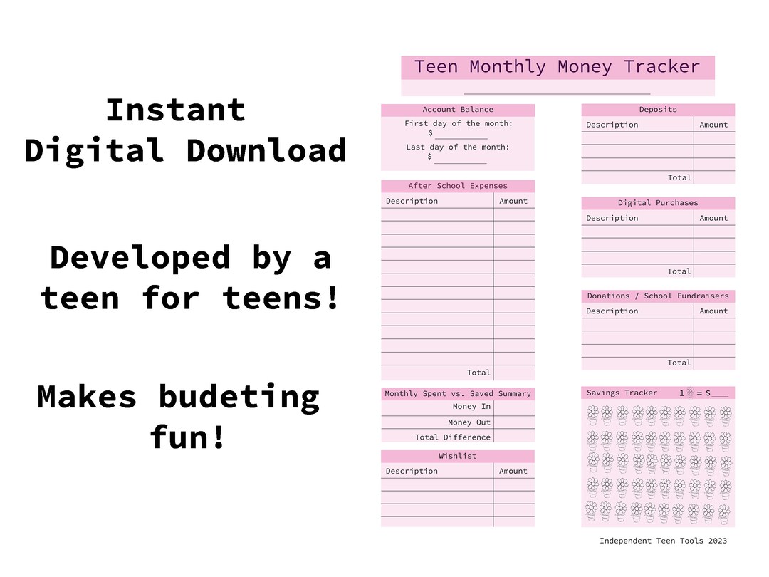 Teen Monthly Money Tracker Template, Budget, Worksheet, Printable ...