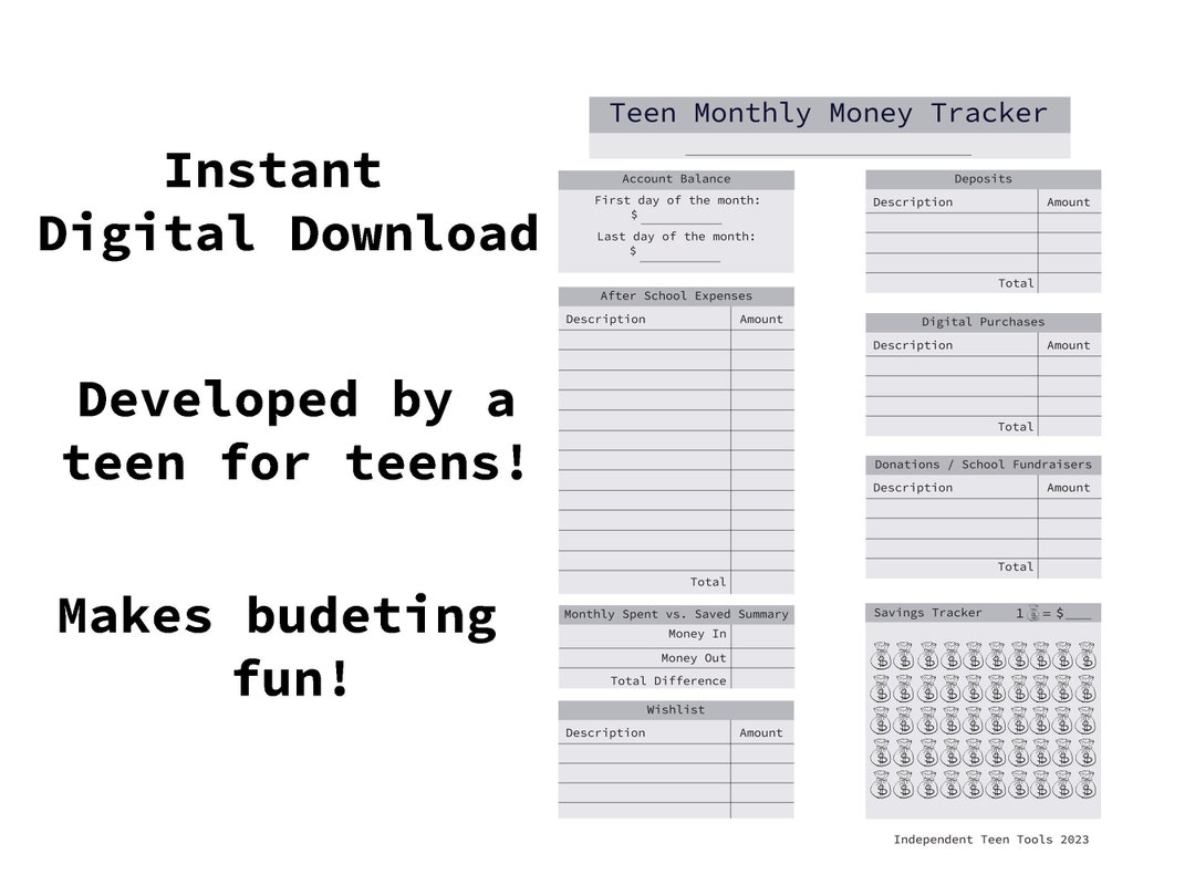 Teen Monthly Money Tracker Template, Budget, Worksheet, Printable ...