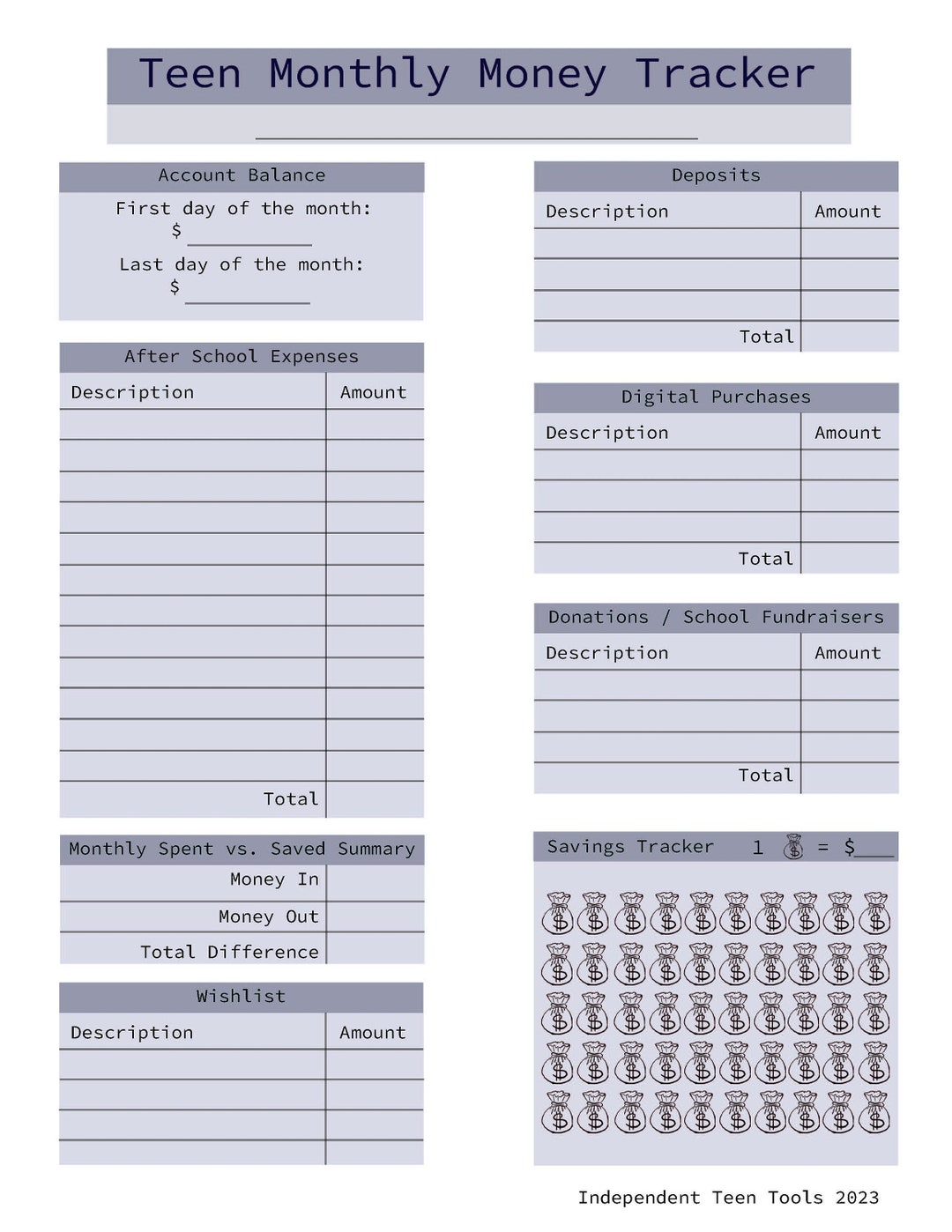 Teen Monthly Money Tracker Template Budget Worksheet - Etsy