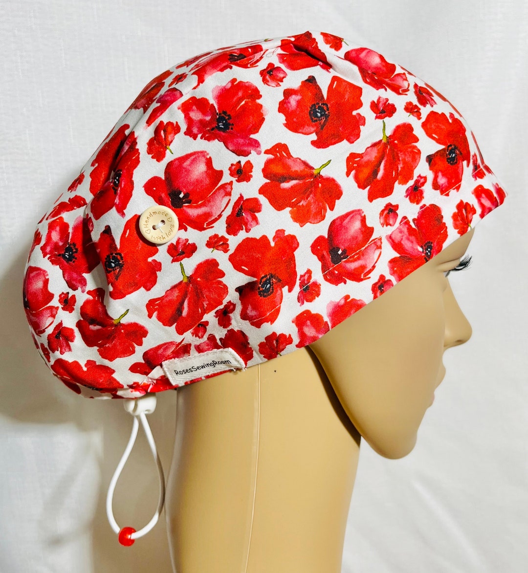 Red Poppies on a Scrub Cap Scrub Cap for Women, Scrub Hat, Surgical Cap ...