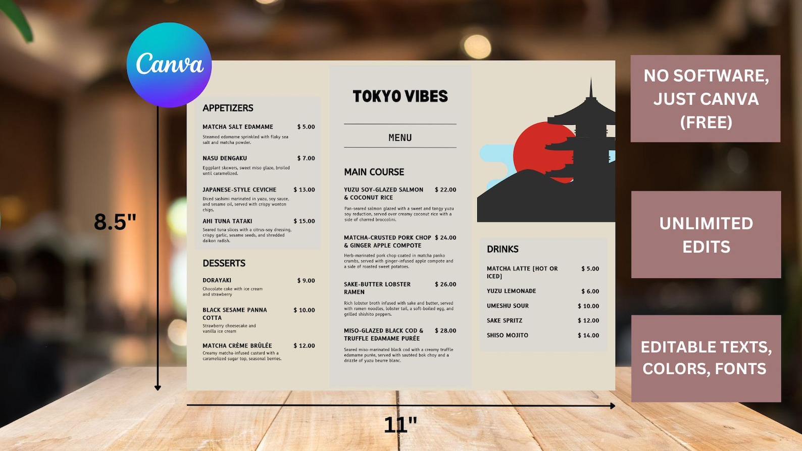Landscape Menu Template | Editable Canva Design (8.5"x11") - Etsy