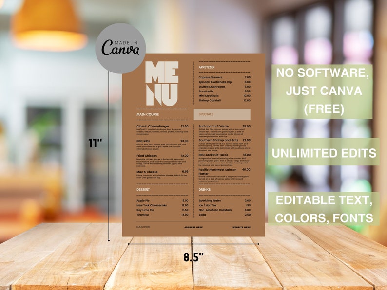 Modern Restaurant Menu Template | Editable Canva Design (instant ...