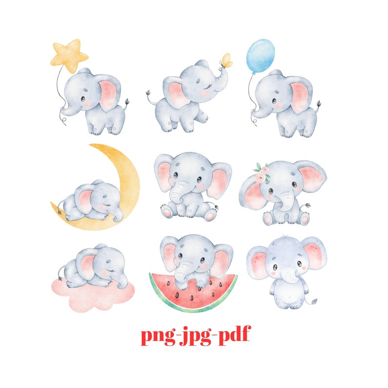 Cute Elephant Clipart, Watercolor Baby Boy Elephant Illustration, Cute ...