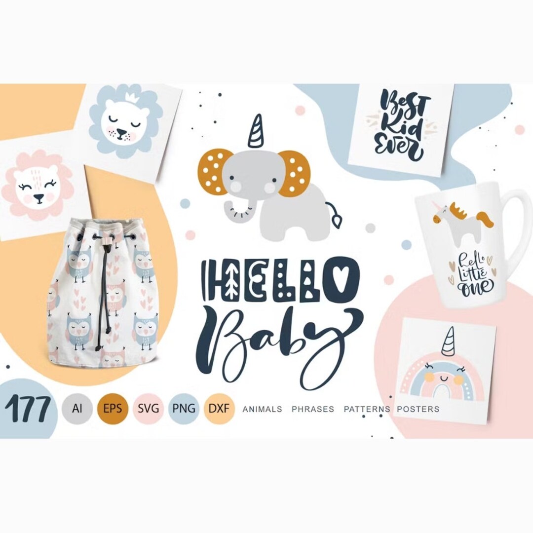Hello Baby Animals & Calligraphy AI, SVG, PNG - Etsy