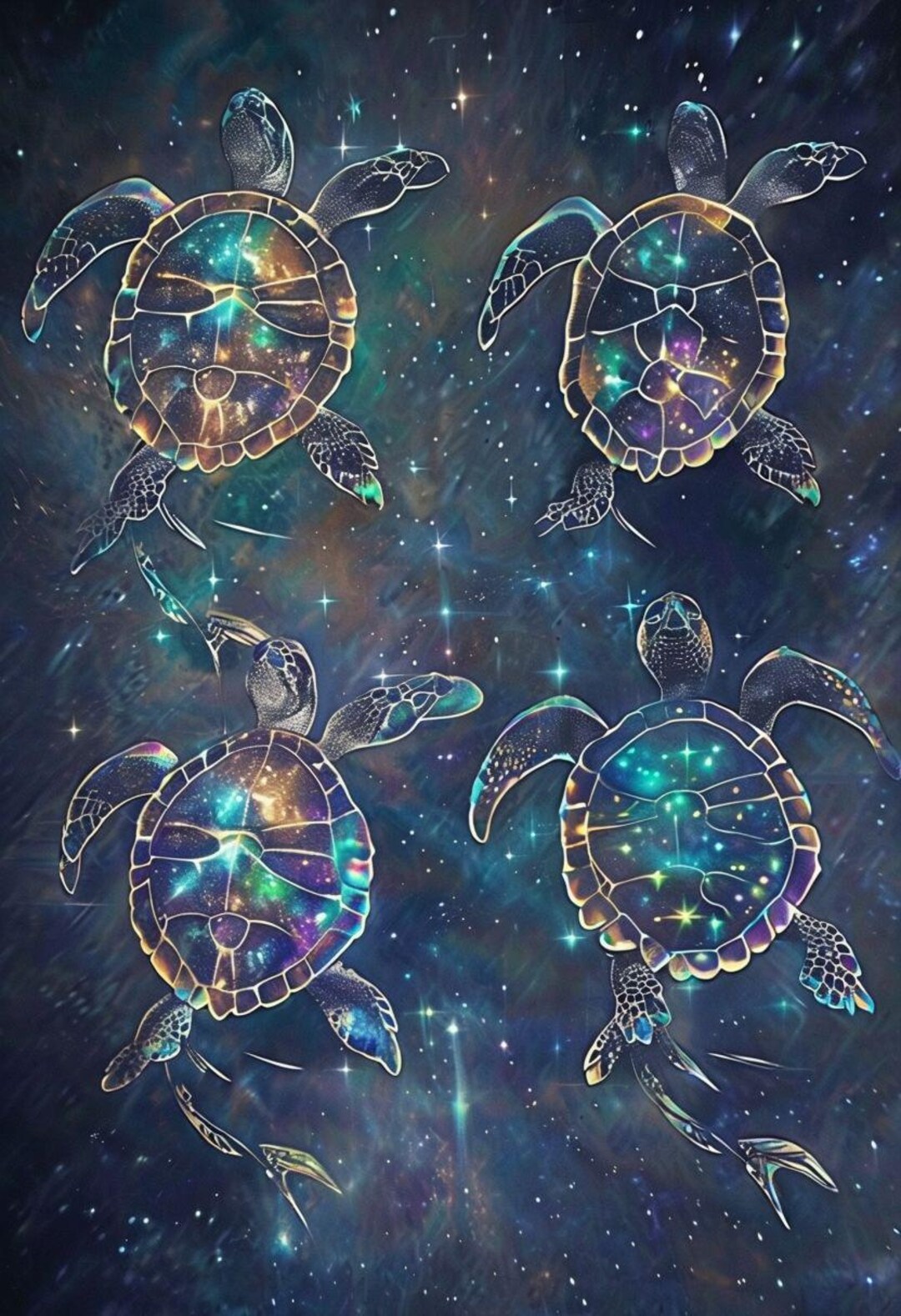 Holographic Turtles Swimming in Space – Cosmic Digital Art Print - Etsy