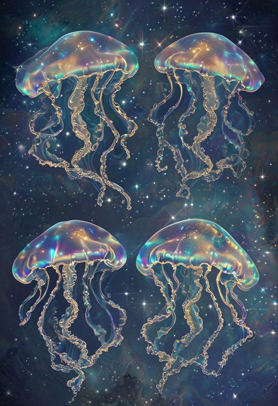 Holographic Jellyfish Swimming in Space – Cosmic Digital Art Print - Etsy