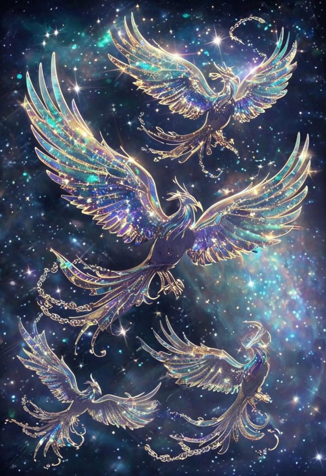 Holographic Phoenix Art Print – Iridescent Cosmic Bird Wall Art ...