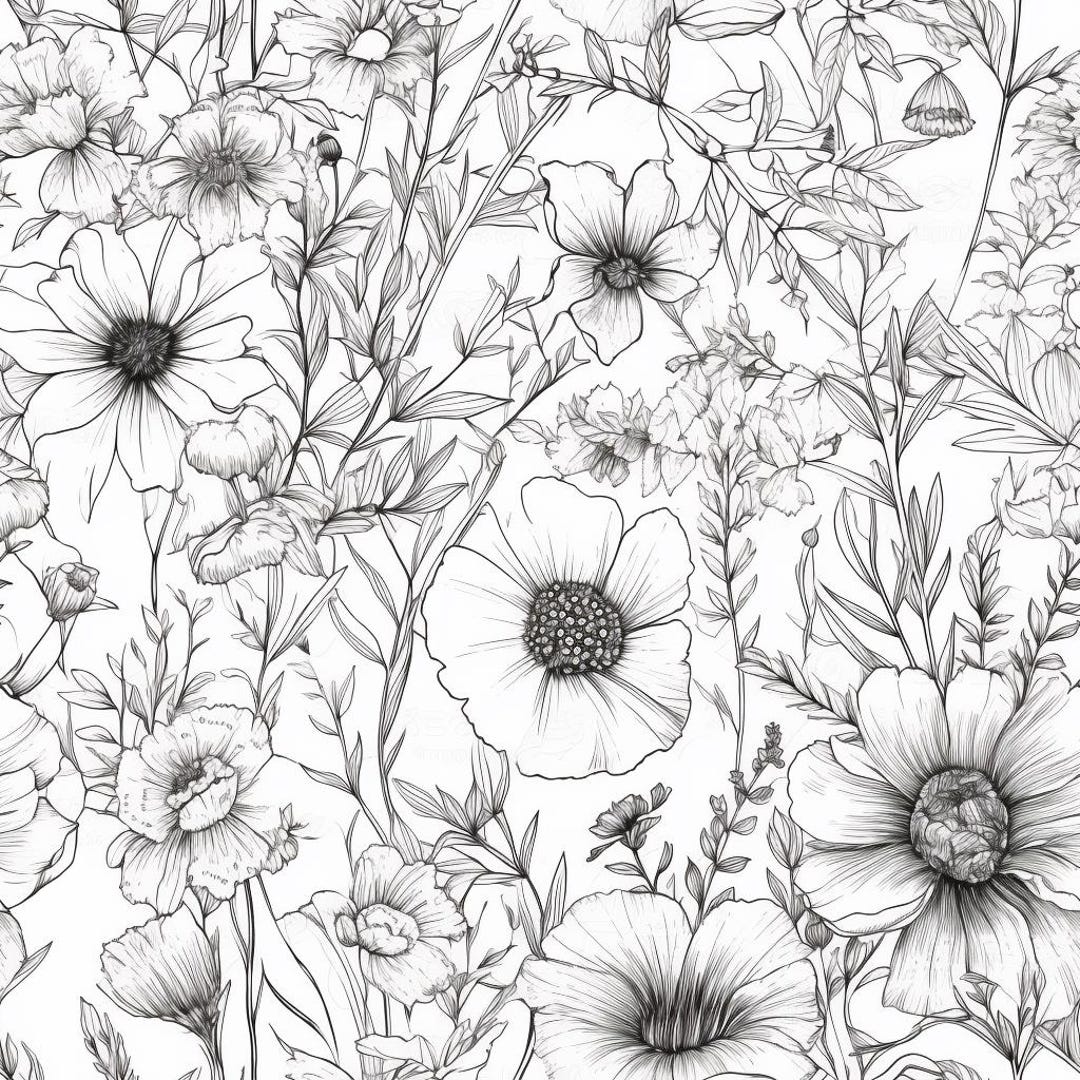 Black and White Wildflower Seamless Pattern: Floral Garden (PNG Digital ...