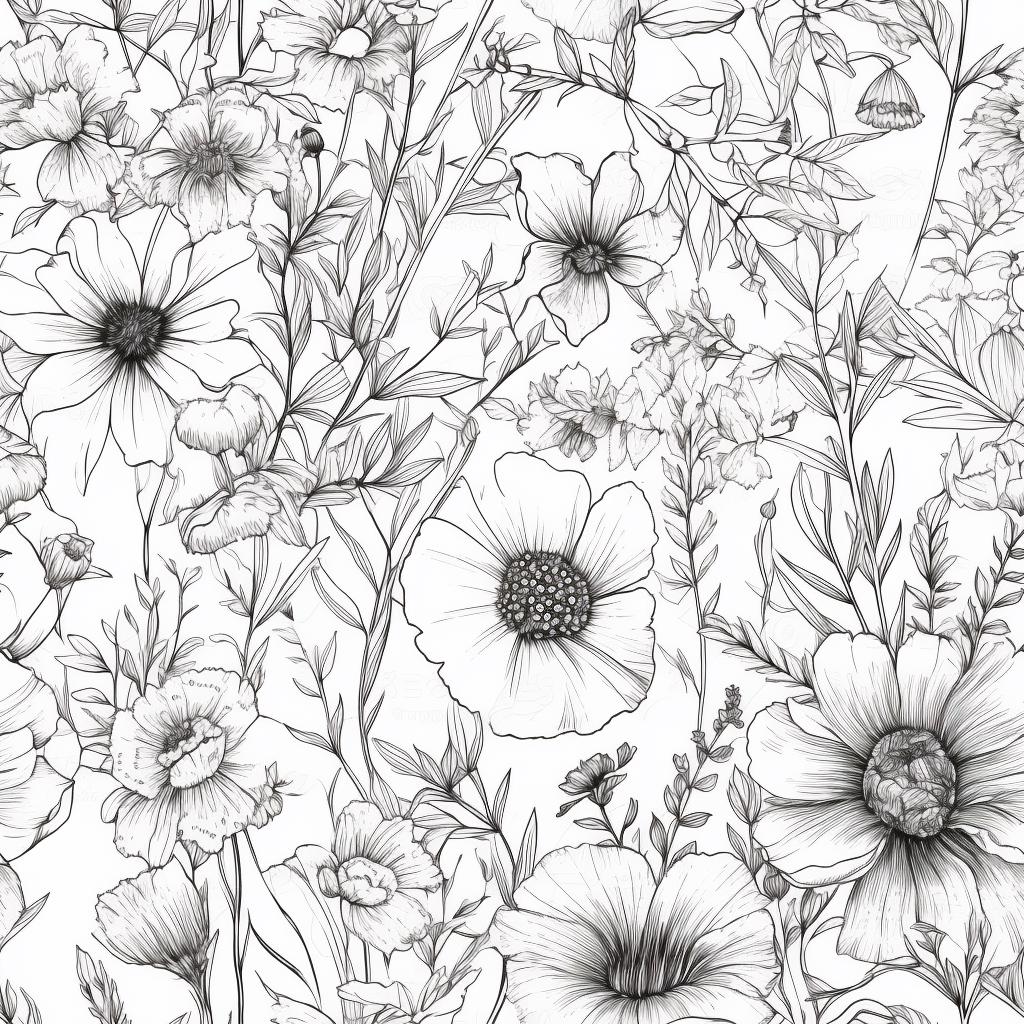 Black and White Wildflower Seamless Pattern: Floral Garden (PNG Digital ...