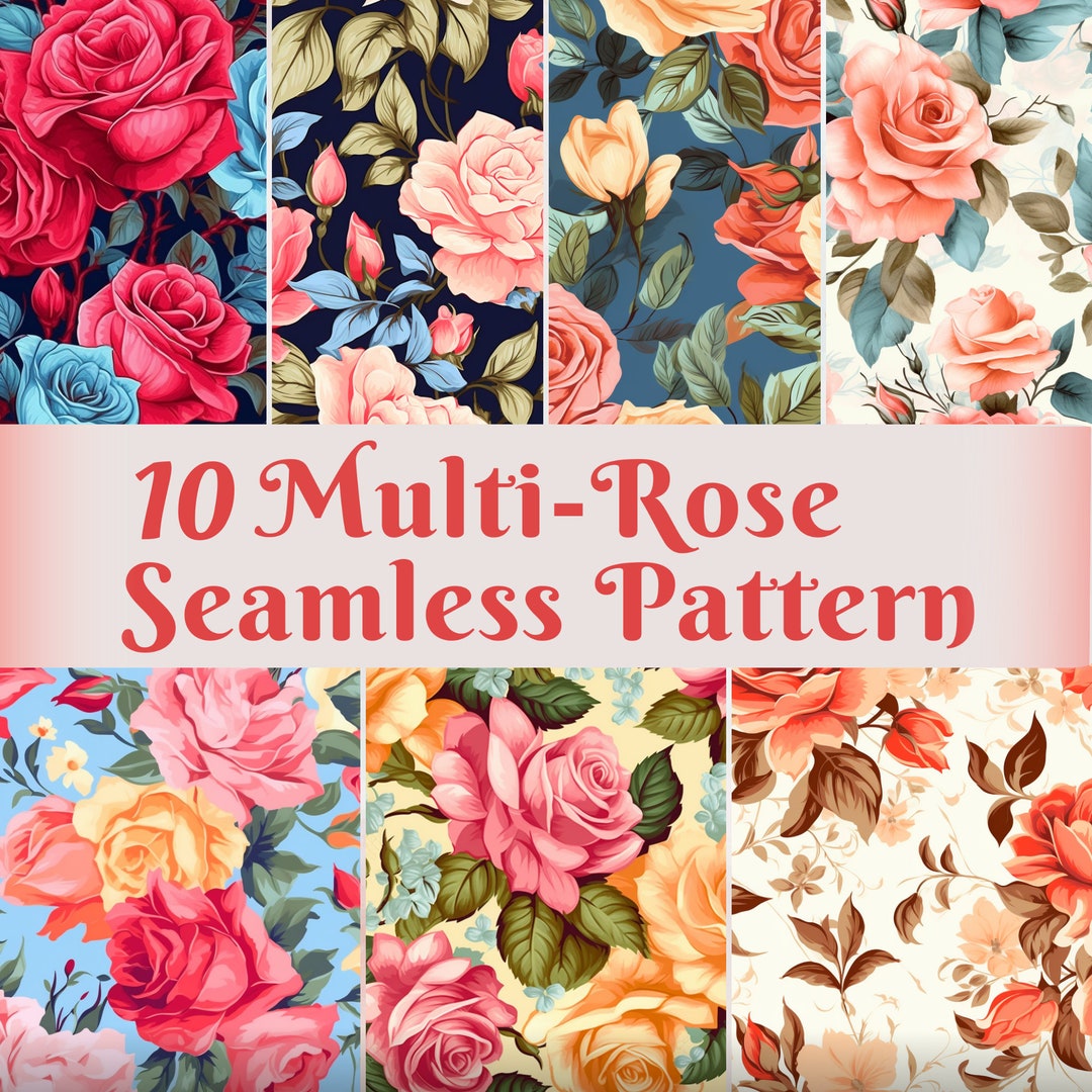 Cute Colorful Roses Digital Paper, Pink Blue White Red Rose Seamless ...