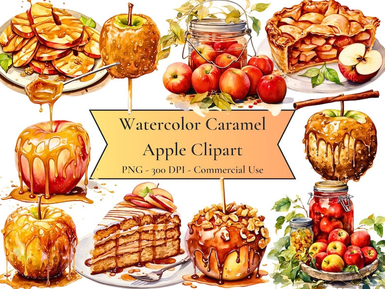 Watercolor Caramel Apple Clipart, Fall Clipart, Autumn Clipart ...