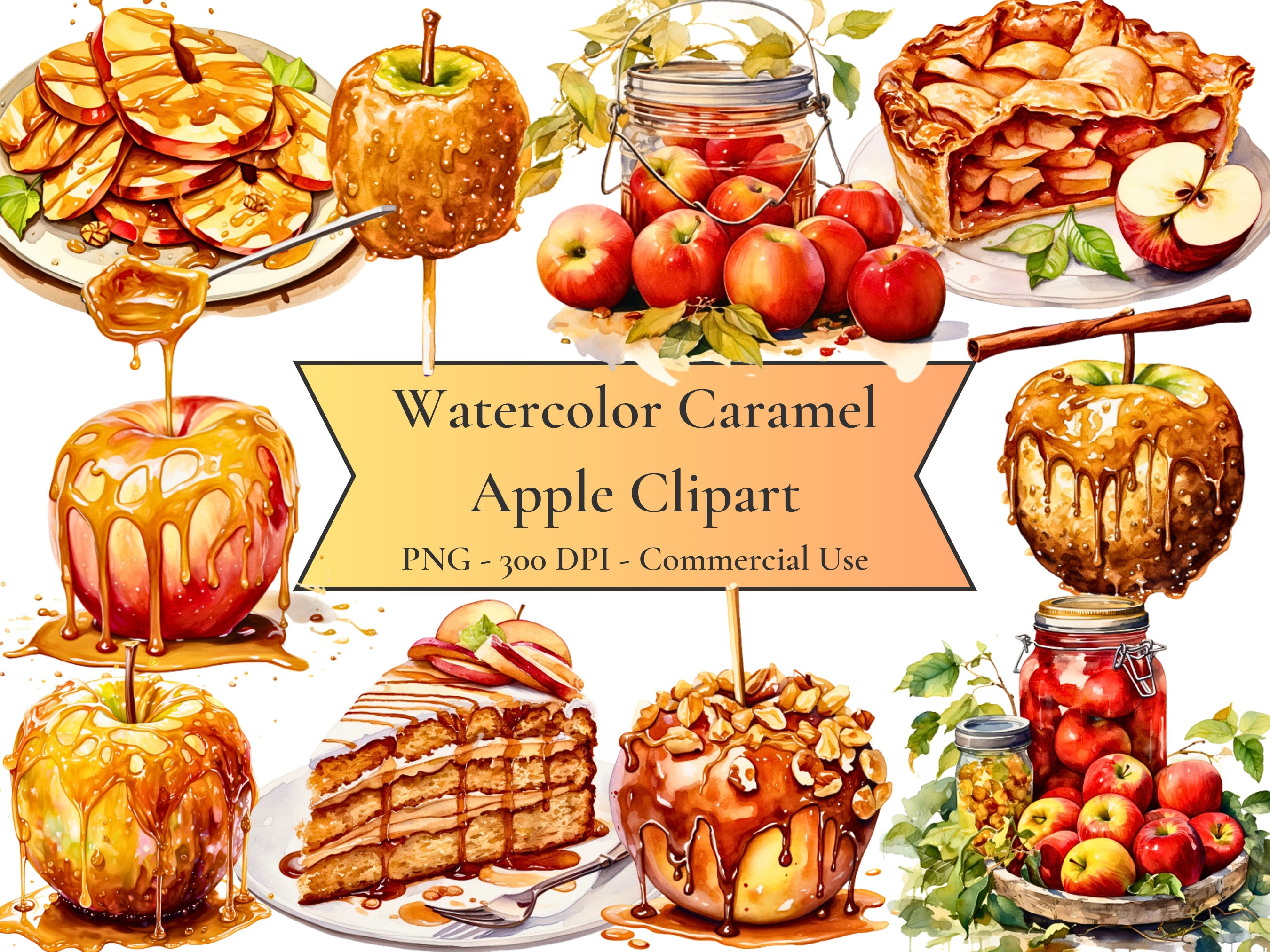 Watercolor Caramel Apple Clipart, Fall Clipart, Autumn Clipart ...