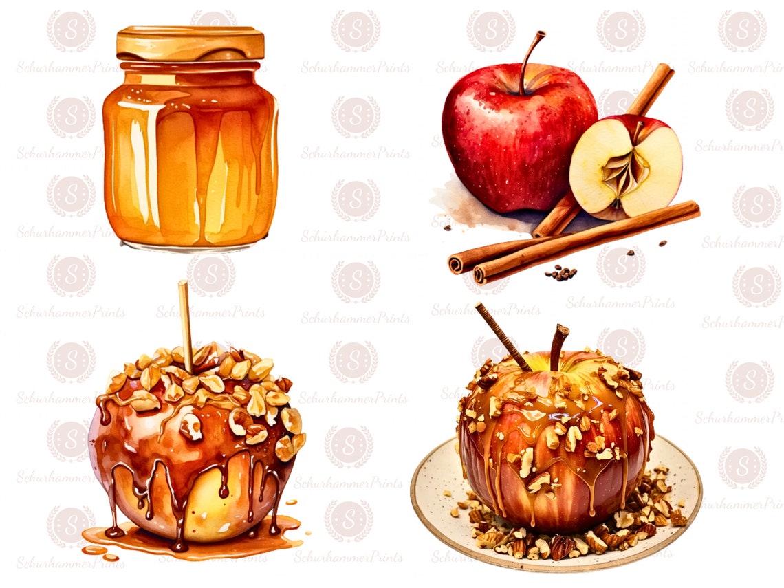 Watercolor Caramel Apple Clipart, Fall Clipart, Autumn Clipart ...
