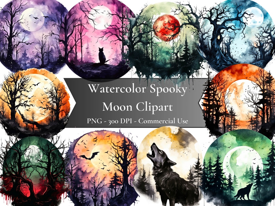 Watercolor Halloween Moon Clipart, Spooky Moon Clipart, Halloween ...